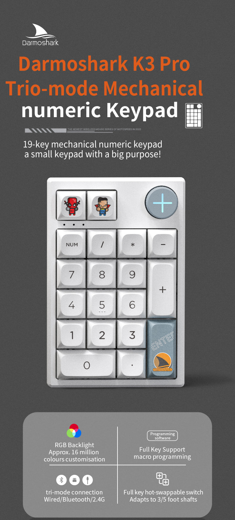Darmoshark K3 Pro Trio-mode Mechanical numeric RGB gaming Keypad